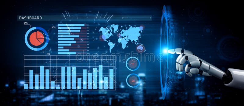 Futuristic Robotic Hand Interacting with Digital Business Analytics Dashboard and Global Map ...