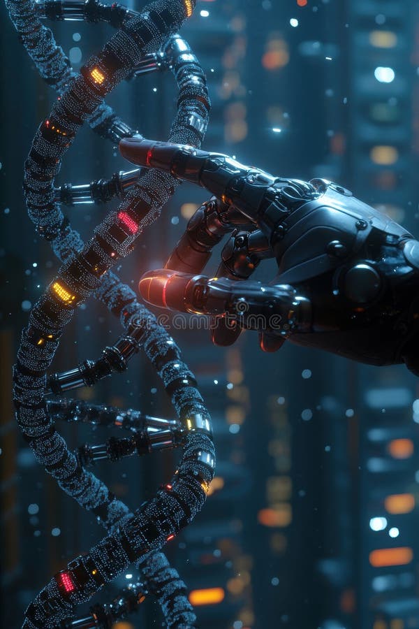 Futuristic Robotic Hand Interacting with a Digital DNA Helix ...