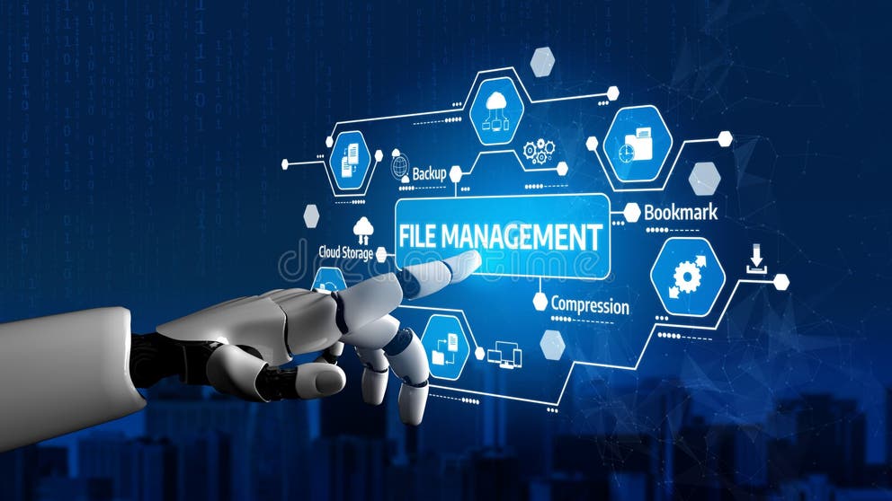 Futuristic Robotic Hand Interacting with Digital File Management Interface and Cloud Storage ...