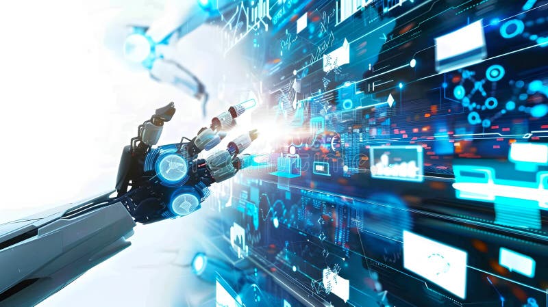 Futuristic Robotic Hand Interacting with Digital Interface. Concept of ...
