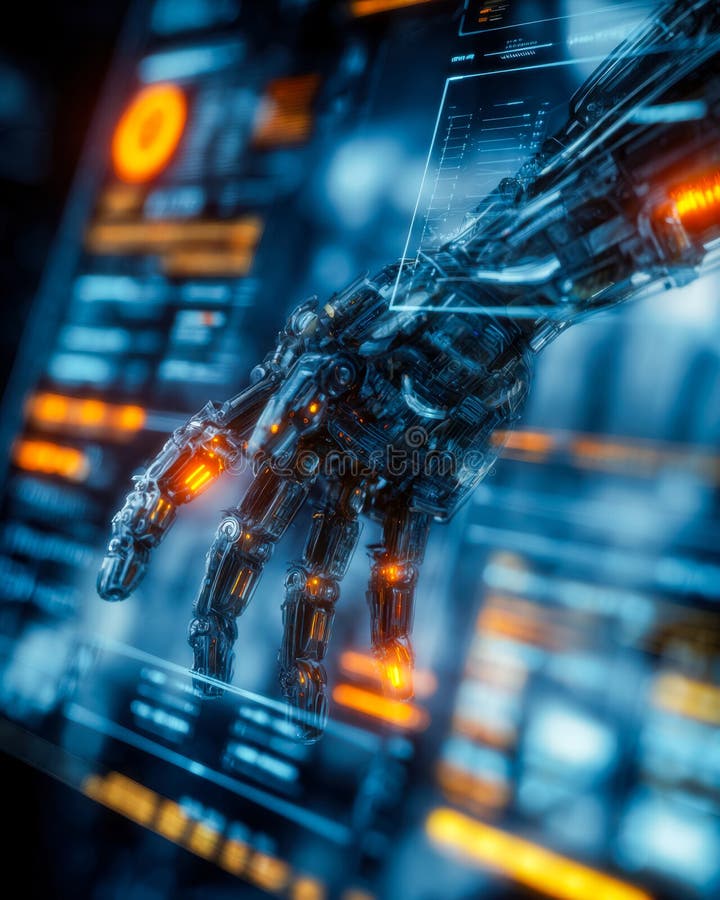 Futuristic Robotic Hand Interacting with Digital Interface on a Virtual Screen Stock ...