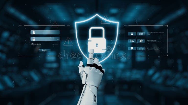 Futuristic Robotic Hand Interacting with Digital Lock Icons in Modern ...