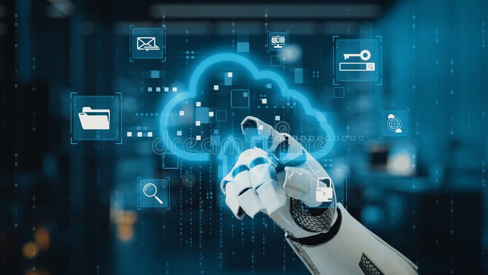 Futuristic Robotic Hand Interacting with Digital Cloud Storage Icons in a Modern Tech Workspace ...