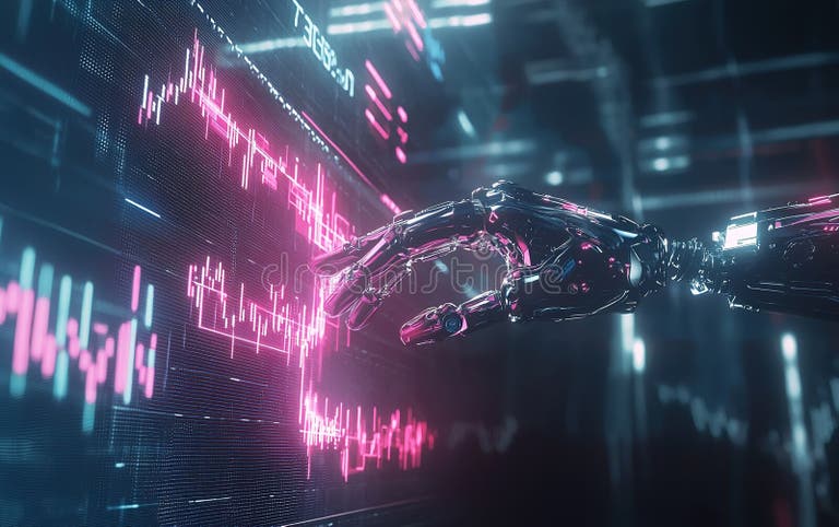 Futuristic Robotic Hand Interacting with Glowing Data Visualization in ...