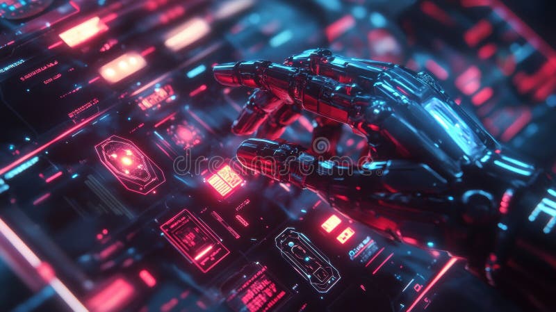 Futuristic Robotic Hand Interacting with Glowing Digital Interface ...