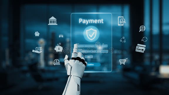 Futuristic Robotic Hand Interacting with Virtual Payment Screen in ...