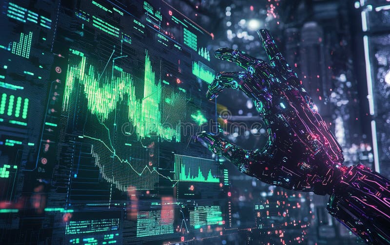 A Futuristic Robotic Hand Interacts with Digital Data Visualization in ...