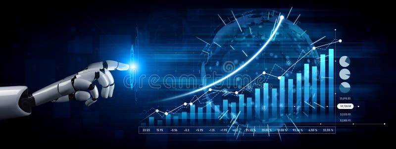 Futuristic Robotic Hand Interacts with Digital Data Visualization, Showcasing Graphs, Charts ...
