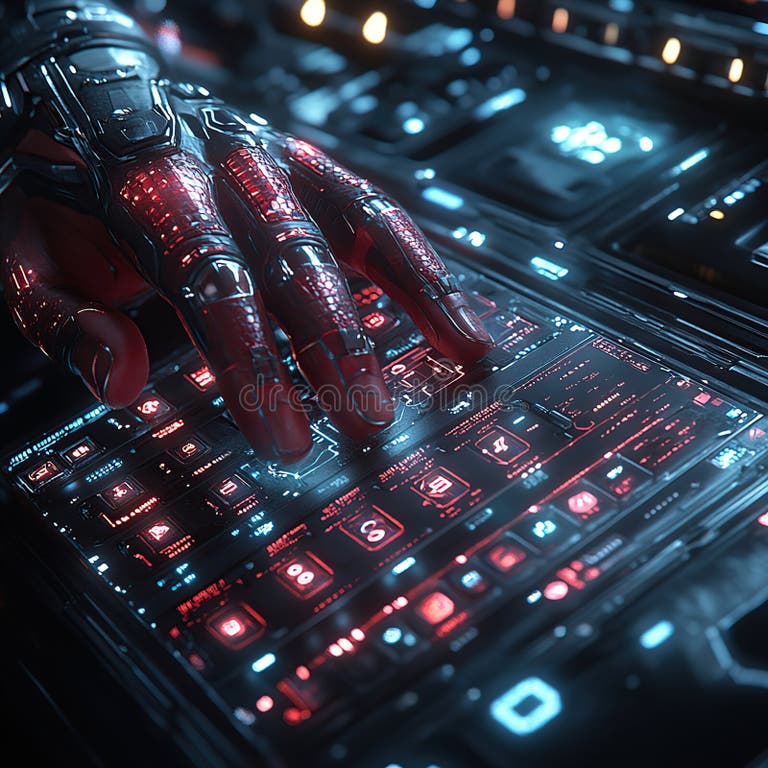 Futuristic Robotic Hand Interacts with a High-tech Control Panel, Displaying Vibrant Red and ...