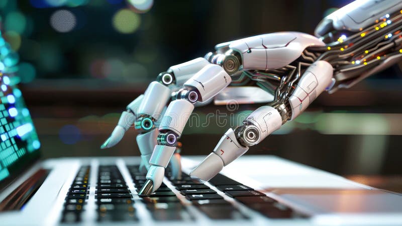 A Futuristic Robotic Hand Interacts with a Laptop, Showcasing the ...