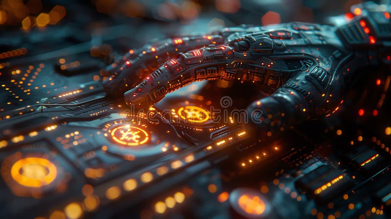 Futuristic Robotic Hand Navigating a High-tech Interface with Glowing ...