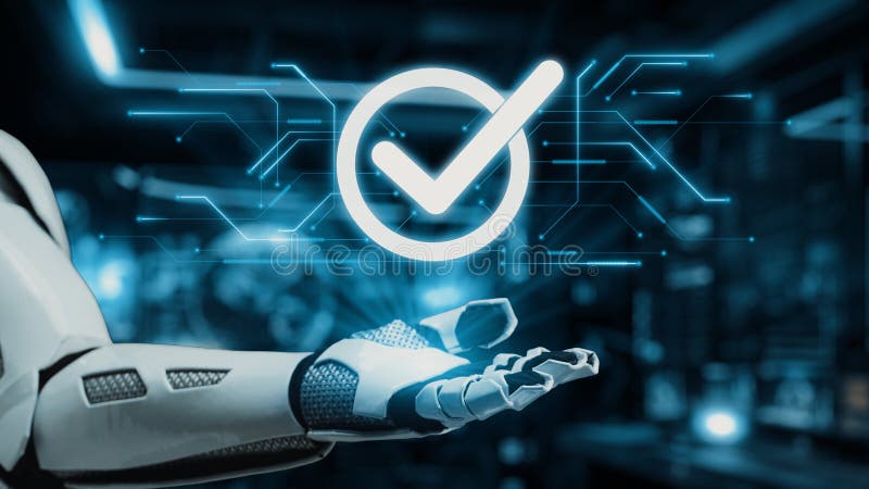 Futuristic Robotic Hand Offering Digital Approval Concept with Check ...