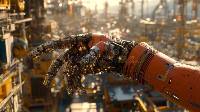 A Futuristic Robotic Hand Over Industrial Cityscape Stock Illustration ...