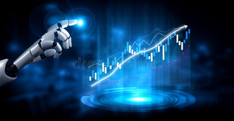 Futuristic Robotic Hand Pointing at Digital Growth Chart with Graphs and Data Visualization in a ...