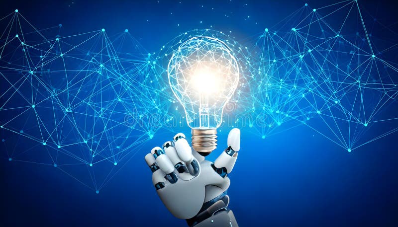 Futuristic Robotic Hand Presenting an Illuminated Bulb on a Tech-blue ...