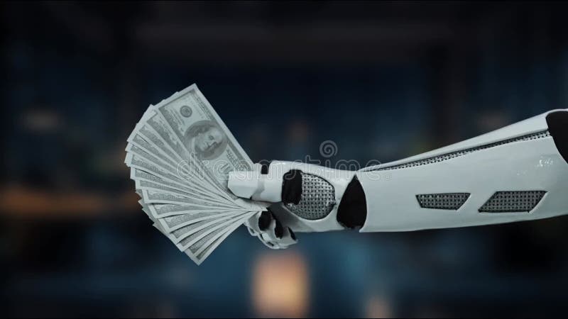 Robotic Hand Holding Fanned Out Banknotes in a Modern Digital Landscape ...