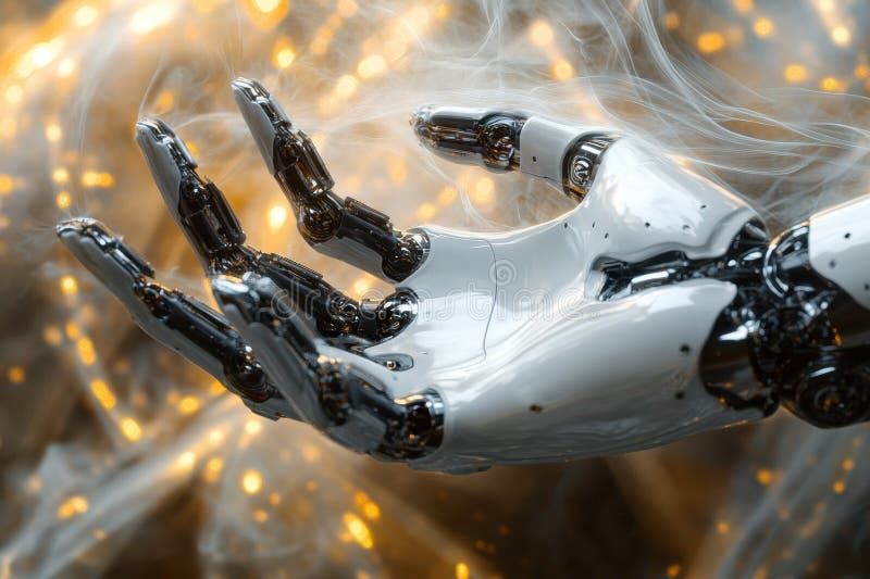 Futuristic Robotic Hand Reaching Out Against a Backdrop of Glowing ...
