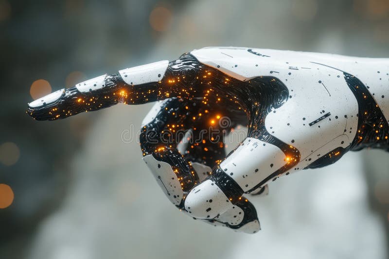 Futuristic Robotic Hand Reaching Out with Bright Particles Glowing in a ...
