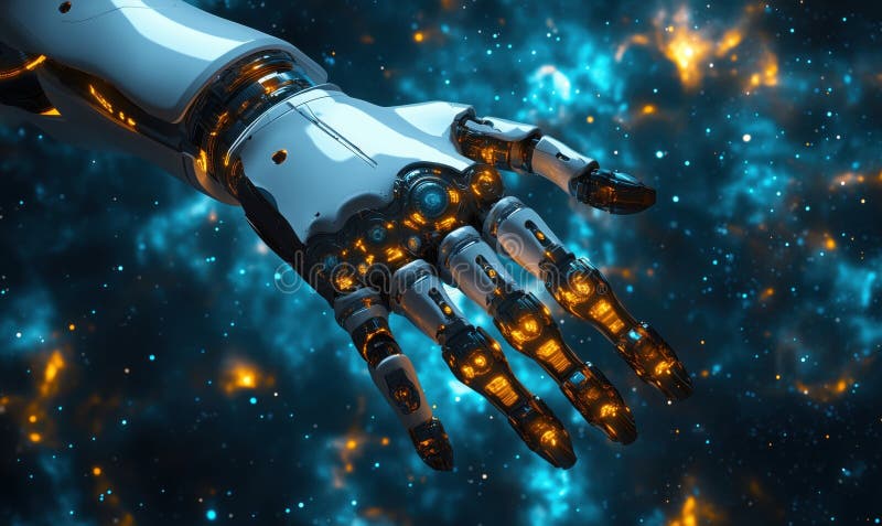 Futuristic Robotic Hand Reaching Out in Cosmic Space with Glowing ...