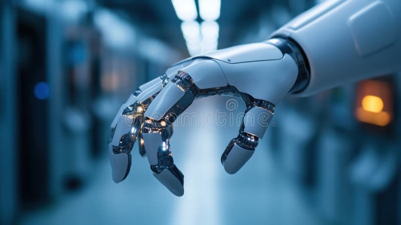 Futuristic Robotic Hand Reaching Out in a Sleek Environment Stock ...