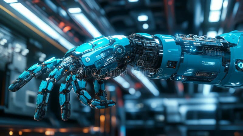Futuristic Robotic Hand Reaching Out in a Technological Setting Stock ...