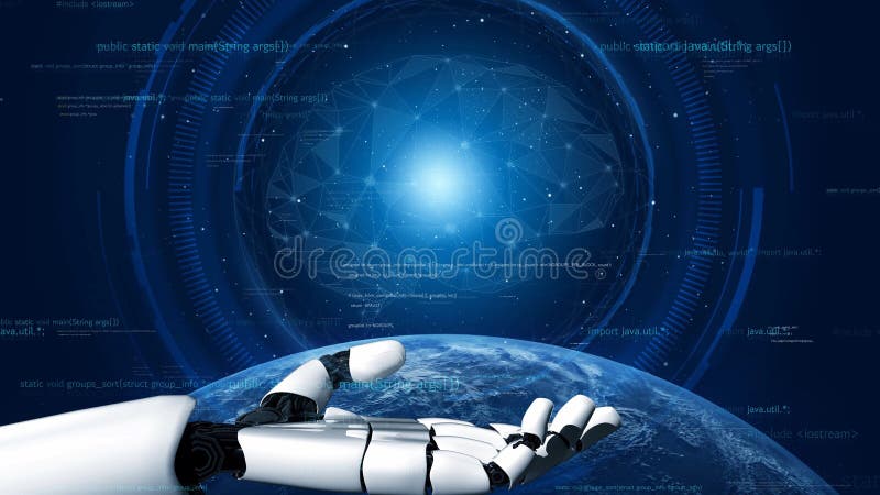 Futuristic Robotic Hand Reaching Out Towards a Glowing Digital Sphere ...