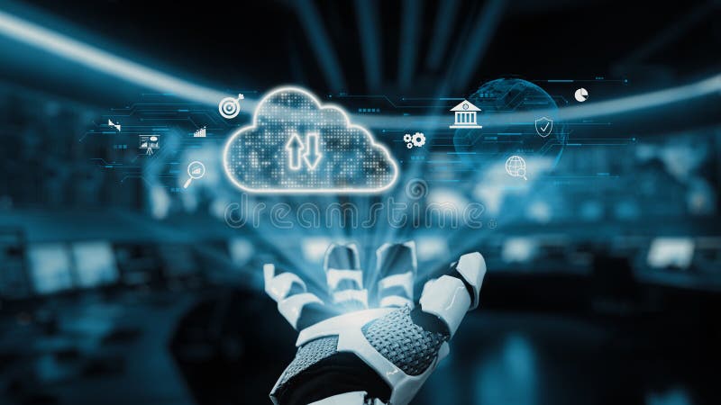 Futuristic Robotic Hand Reaching Towards Digital Cloud with Technology Icons Representing Data ...