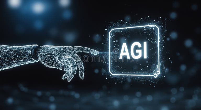 Futuristic Robotic Hand Reaching Towards a Glowing AGI Symbol ...