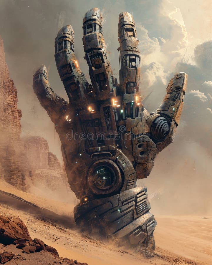 Futuristic Robotic Hand Rising from the Desert Sands Stock Illustration ...