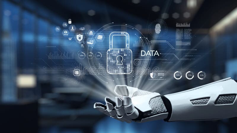 Futuristic Robotic Hand Showcasing Digital Data Security Concepts with Data Protection Icons in ...