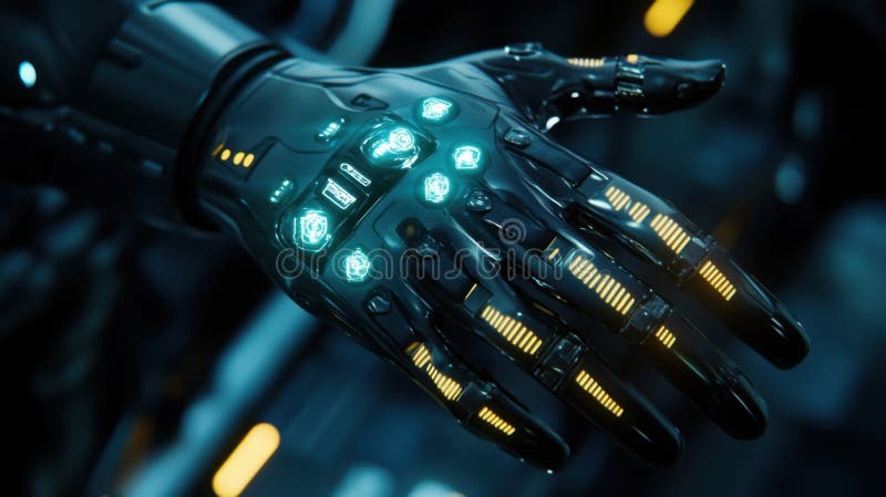 Futuristic Robotic Hand Showing Glowing Symbols and Indicators Stock ...