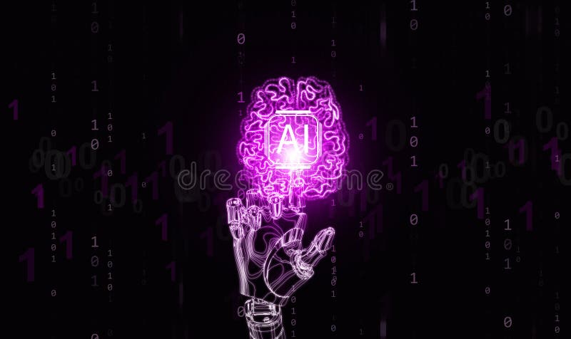 Futuristic Robotic Hand Touching Glowing AI Brain Symbol with Binary Code Background ...