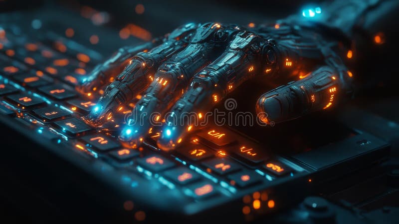 Futuristic Robotic Hand Typing on a Glowing Keyboard Stock Illustration ...