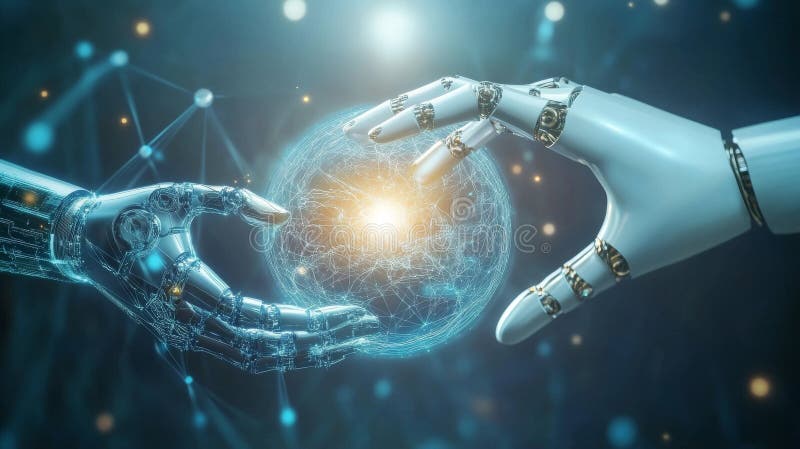 Futuristic Robotic Hands Creating Energy Sphere in Digital Space Stock ...