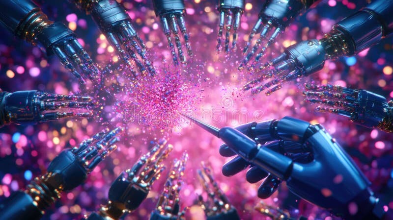 Futuristic Robotic Hands Creating Magic with Sparkling Energy in a Neon ...