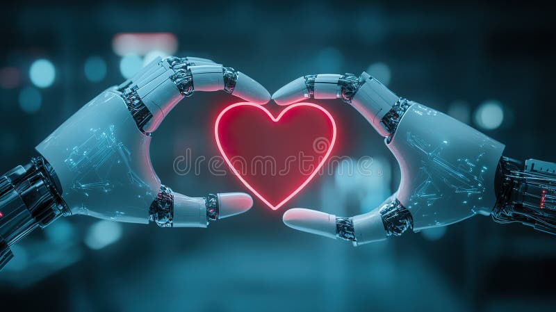 Futuristic Robotic Hands Forming Heart Shape with Glowing Neon Light ...
