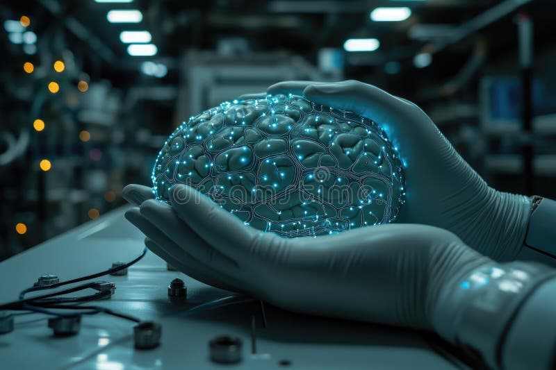 Futuristic Robotic Hands Holding a Glowing Brain Model in a High-tech ...