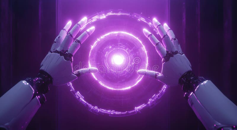 Futuristic Robotic Hands Interacting with Glowing Purple Digital ...