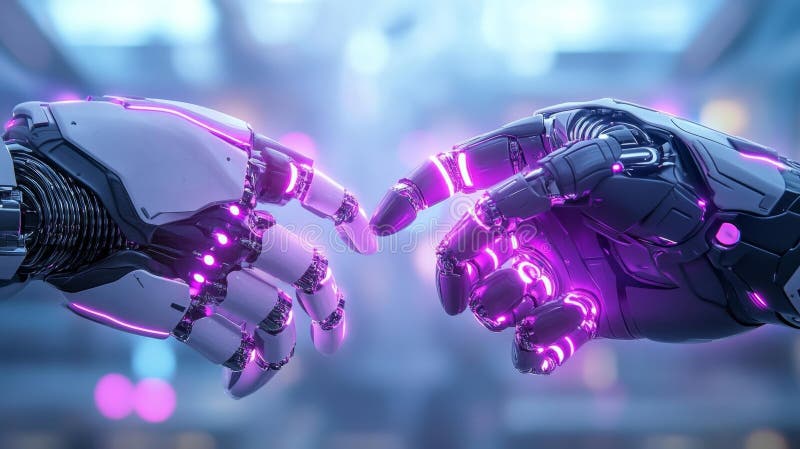 Futuristic Robotic Hands with Neon Lights Touching Each Other in a Tech ...