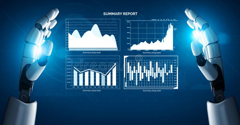 Futuristic Robotic Hands Presenting Data Visualizations for Business Summary Reports Impute ...