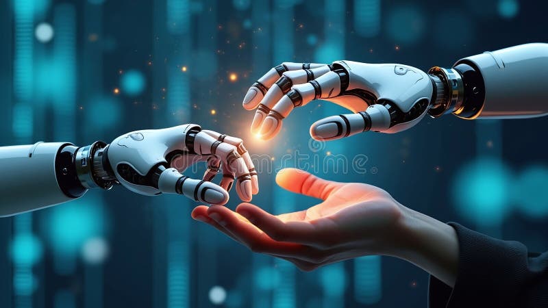 Futuristic Robotic Hands Reaching Towards Human Hand: AI and Humanity Connection Stock ...