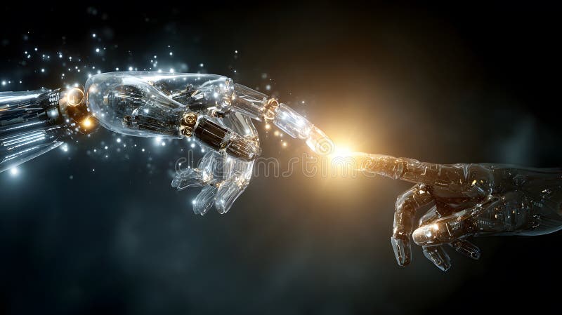 Futuristic Robotic Hands Touching with Bright Light in Dark Background ...