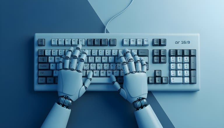 Futuristic Robotic Hands Typing on Modern Light Blue Keyboard ...