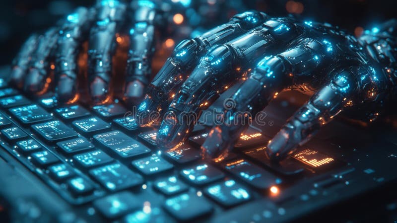 Futuristic Robotic Hands Typing on a Neon Glowing Keyboard Stock ...