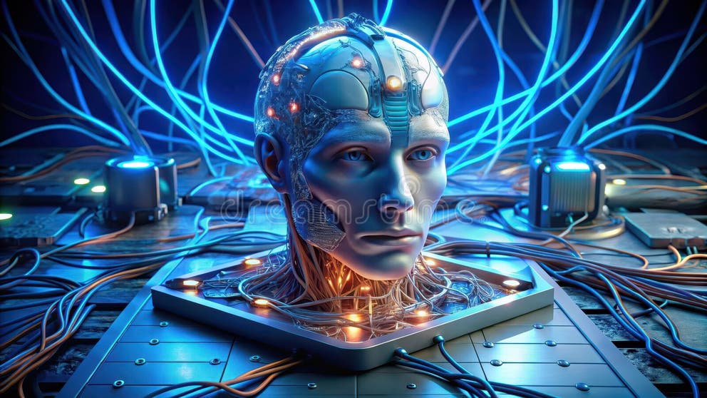 A Futuristic Robotic Head Connected To a Complex Network of Wires and ...