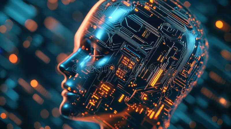 Futuristic Robotic Head with Glowing Circuitry and Digital Patterns ...