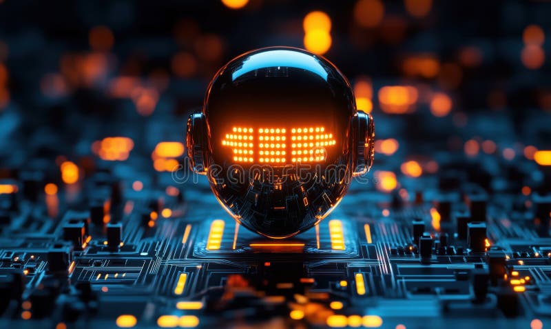 Futuristic Robotic Head with Glowing LED Display on a Circuit Board ...