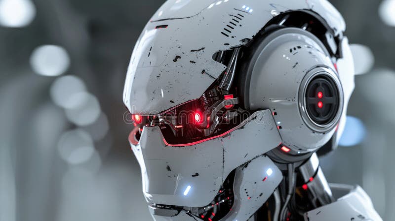 Futuristic Robotic Head with Red LED Eyes in High-Tech Environment ...