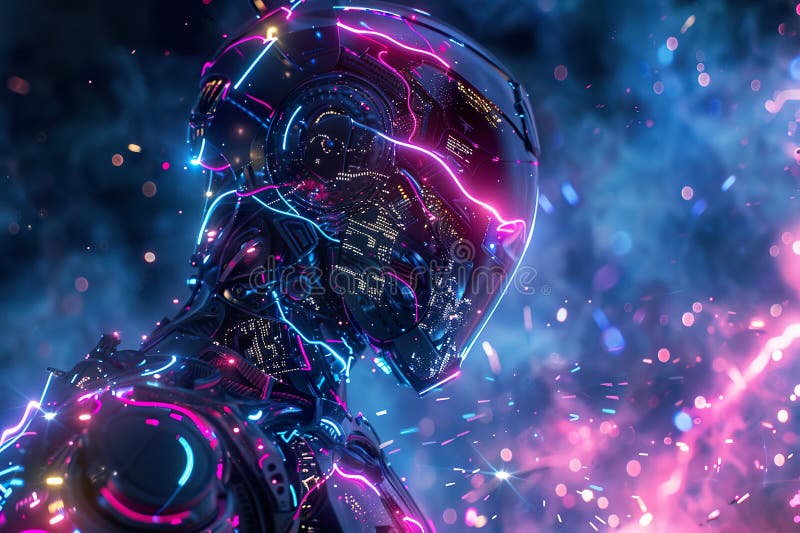 Cybernetic Robot with Neon Lights Stock Image - Image of electronics ...
