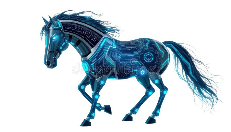 Futuristic Robotic Horse with Glowing Blue Circuits, Sleek Metallic ...